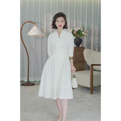 西子/莫代尔法式V领收腰显瘦中袖连衣裙气质浪漫中长裙子/CQBH060