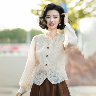 亚麻股线刺绣蕾丝原色无袖马甲女