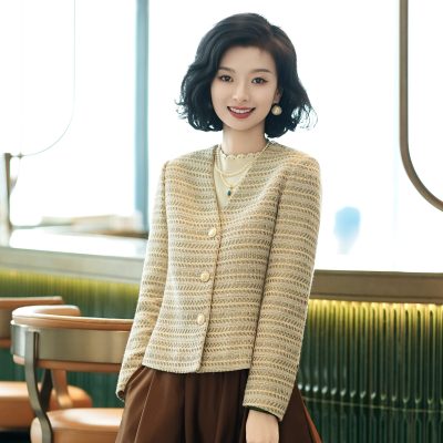 高级亚麻醋酸亮片条纹花呢外套女