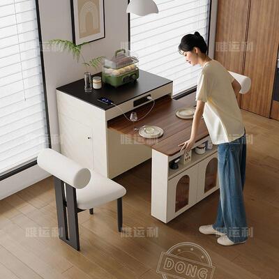 新款奶油型NAJ岛泡台餐桌一体家小户伸缩实木折叠吧台多功能用茶