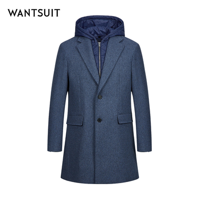 WANTSUIT男士蓝灰色带帽羽绒大衣