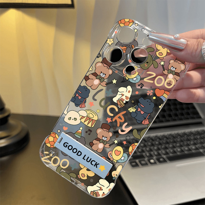 手机壳带支架iPhone14硬红米K80小熊12荣耀GT高级感15Promax透明VIVOS20超薄OPPOReno13适用苹果16无边框卡通