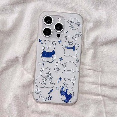 iPhone17蓝线条小猪16PLUS硬手机壳OPPOReno15可爱13ProMax创意苹果14荣耀MAGIC8适用大孔ins风华为MATE70AIR