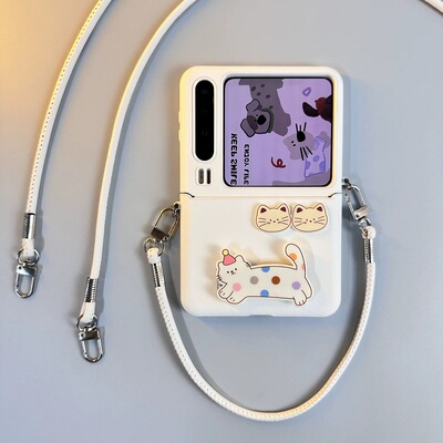 新款猫咪支架适用华为Pura X折叠屏手机壳Pocket2小米mixflip 2斜挎挂绳三星zflip8全包OPPOFindN3Flip荣耀女