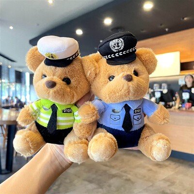 可爱消防小熊钥匙扣制服警察泰迪熊毛绒玩具交警公仔挂件广告礼品