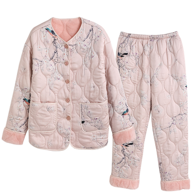 IIZZINI 2021睡衣女冬长袖夹棉加厚加绒国风画眉鸟奢华家居服套装