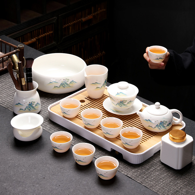 千里江山羊脂玉白瓷功夫茶具套装家用轻奢高端陶瓷盖碗茶杯2025款