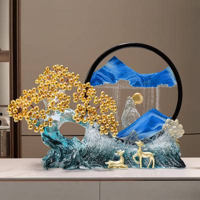 黄水晶发财树流沙画摆件创意新中式客厅玄关办公室桌面招财装饰品