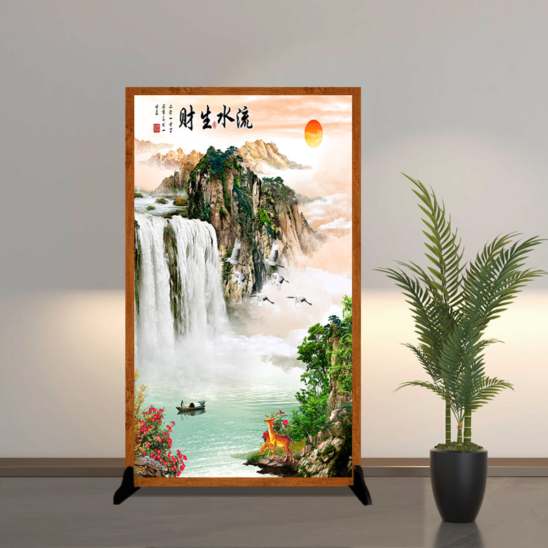 新中式办公室屏风隔断玄关遮挡酒店客厅进门双面背景墙山水画座屏