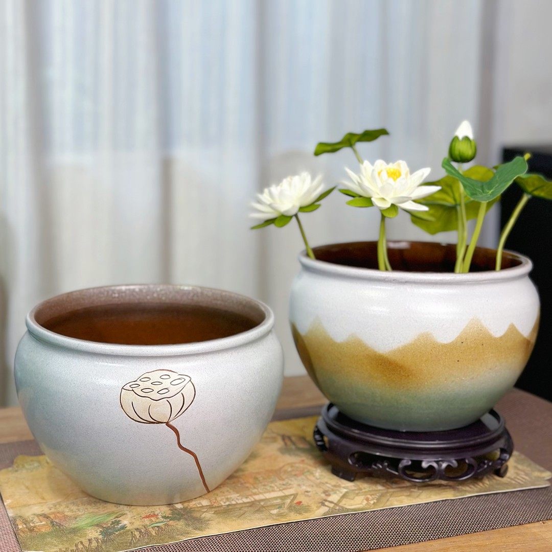 远山莲蓬碗莲花盆大口径无孔水培铜钱草一叶莲碗莲复古陶瓷碗莲盆
