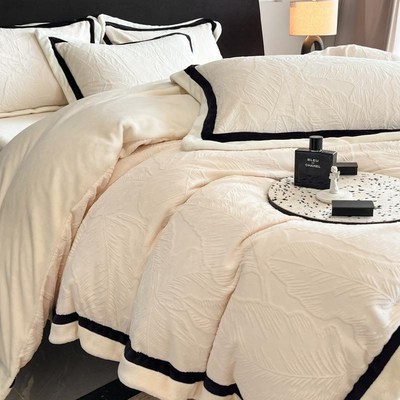 冬季轻奢A类加厚牛奶绒四件套防静电雕花被套保暖高级感床上用品4