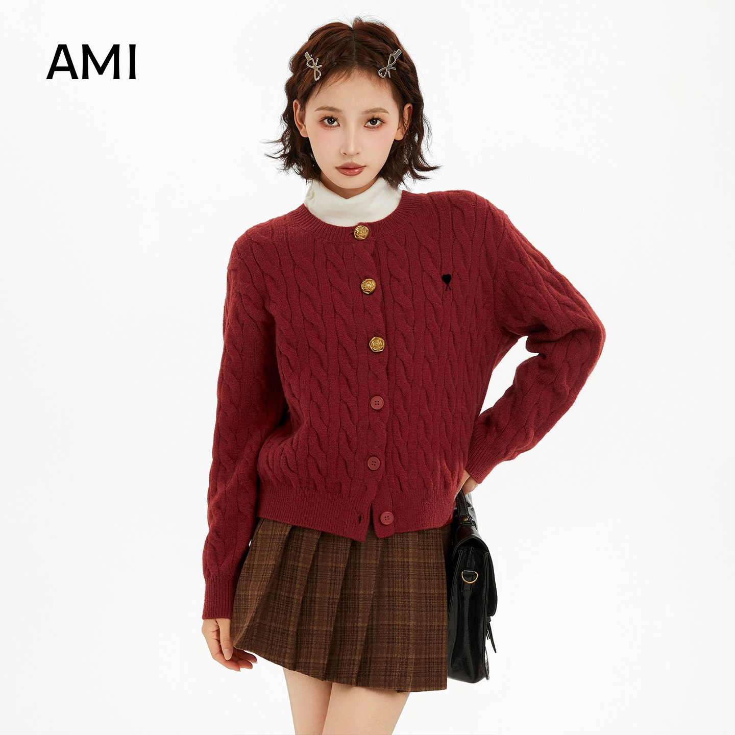 AMI 2025美式圣诞红色毛衣女秋冬新款新年帽衫针织连帽开衫外套