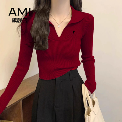 AMI酒红色领针织衫女2025秋冬新款修身显瘦打底衫高级感内搭上衣