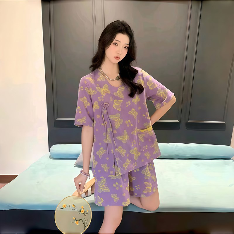 网红款时尚国风睡衣套装夏季款休闲洋气两件套上衣短裤家居服