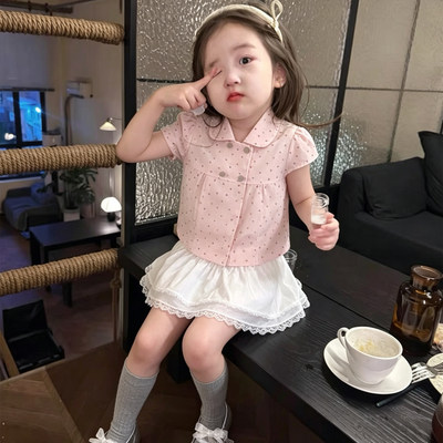 女童短袖衬衫2026夏季新款女宝韩式精致感甜美波点小翻领百搭衬衣