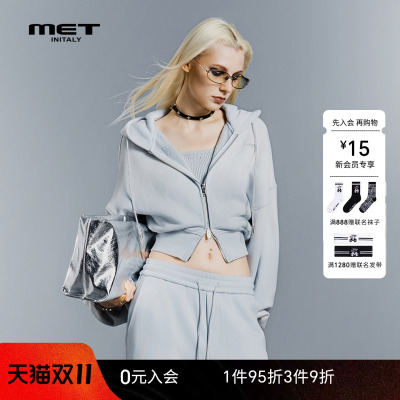 MET initaly简约运动风连帽拉链短外套女蓝色收腰修身百搭卫衣