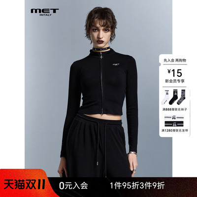 MET initaly早春酷飒风黑色拉链针织开衫女短款修身立领外套
