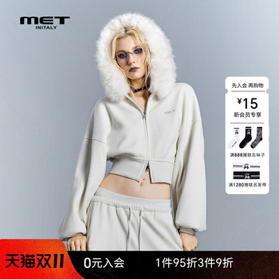 MET initaly美式轻奢复古连帽短外套女毛领拉链卫衣早秋百搭上衣