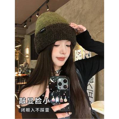 双色针织堆堆帽子女秋冬季大头围保暖毛线帽护耳包头冷帽脸小vb52