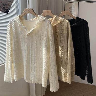长袖连帽蕾丝打底衫女2025年春季新款气质内搭小衫高级感罩衫上衣