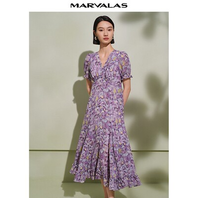 【廖廖粉丝专享】女装连衣裙V领印花短袖紫色收腰大摆