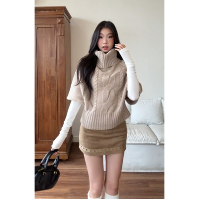 withmin凉皮 针织套头斗篷毛衣女秋冬宽松高领打底针织衫2524233