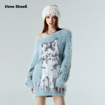 Vone SheeE美式仿貂毛猫咪慵懒风宽松针织衫毛衣套头毛绒上衣早秋
