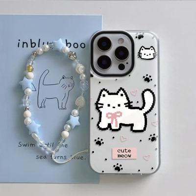 苹果15卡通14plus像素小猫16手机壳带手链iPhone13适用12ProMax荣耀300创意可爱OPPOa58大孔VIVOS20硬红米k70