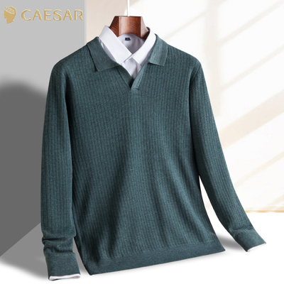 凯撒大帝2025年秋季新款纯色休闲百搭翻领中年上衣长袖针织衫J