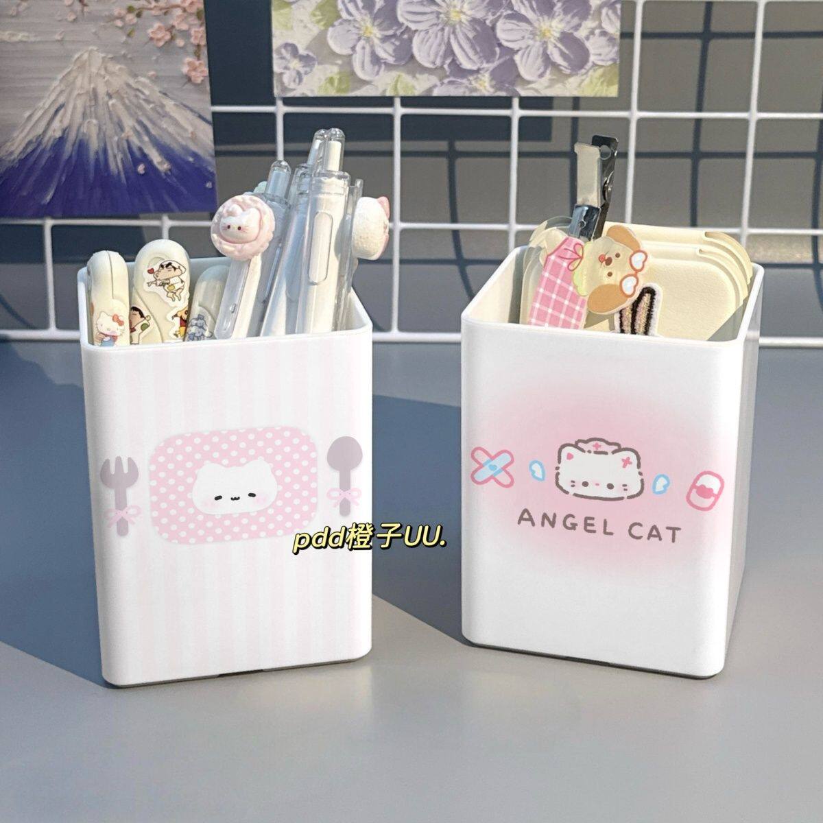 甜系餐具小猫桌面笔筒大容量学生宿舍化妆刷梳子收纳小筒送闺蜜