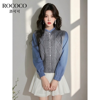 ROCOCO/洛可可牛仔拼接假两件毛衣秋季新款复古撞色绞花短款上衣