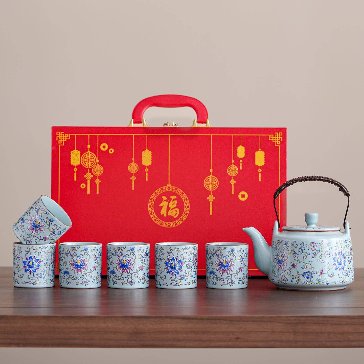 陶瓷茶具套装1升耐高温水壶泡茶壶七件套缠枝莲花草茶具中式家用