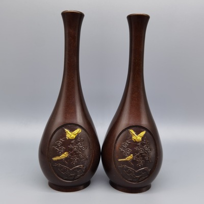 仿古铜点金花瓶一对家居客厅摆件工艺品金属工艺品铜紫铜点金花瓶