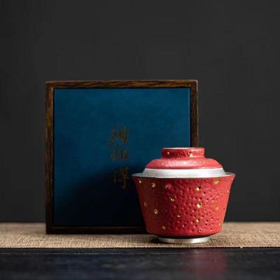 志野烧陶迷复古盖碗家用陶瓷泡茶器故宫红志野烧点金茶具鎏银茶具