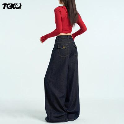 TGXQ深蓝色阔腿牛仔裤女2026年新款低腰美式复古宽松拖地直筒裤子