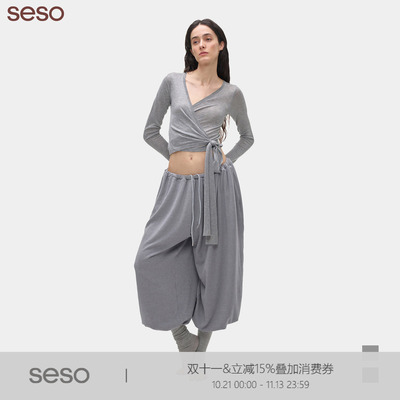 seso交叉毛织绑带罩衫紧身透气