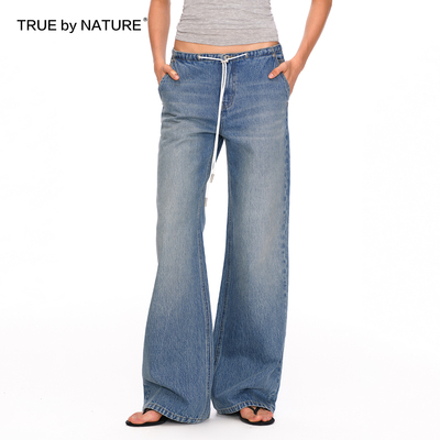 TRUE by NATURE经典复古水洗无腰头抽绳设计感中腰直筒阔腿牛仔裤