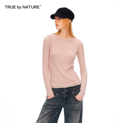 TRUE by NATURE 圆领坑条纹修身显瘦肌理感薄款针织衫长袖T恤