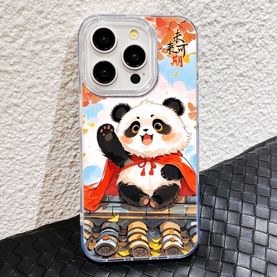 苹果15plus屋顶熊猫适用iPhone16创意红米NOTE14卡通reno12可爱13ProMax羽纱VIVOs19pro手机壳硬红米k70ULTRA