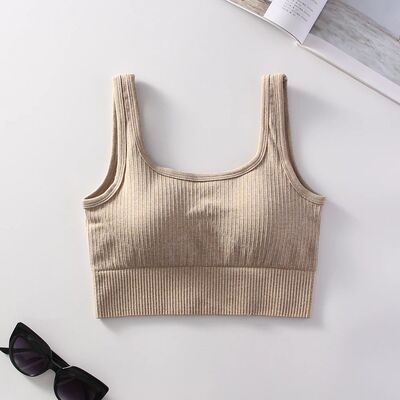 Ribbed Solid Sports Bra Medium Support Square Neck Seamless