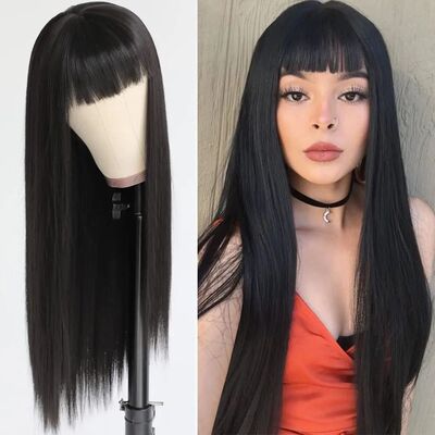 28 Inch Black Synthetic Hair Wig With Full Bangs Long Straig