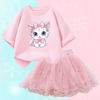 Cute Summer Girls Outfits Cartoon Cat T-shirt and Tutu Skirt