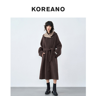 【KOREANO】冬季深咖色双色连帽浴袍风经典羊毛大衣  FY9450G