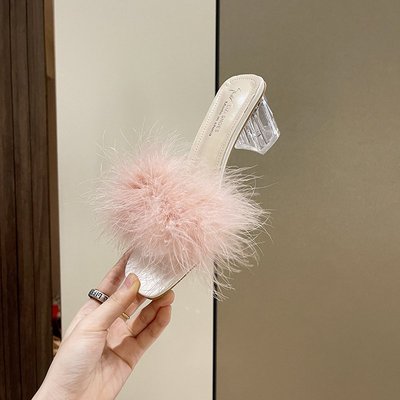 毛毛拖鞋女夏外穿水晶高跟凉拖鞋