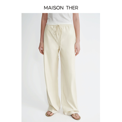 MAISON THER2025女士春季经典单品环保皮革抽绳直筒裤慵懒松紧腰