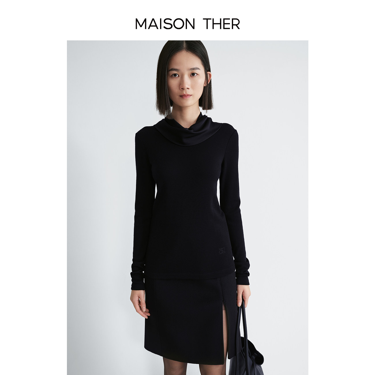 MAISON THER2025女士春季新品坠领真丝羊毛针织上衣百搭纯色内搭