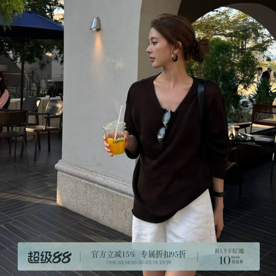 R-HER“日系慵懒”美利奴羊毛显瘦V领套头百搭休闲针织上衣S682Z