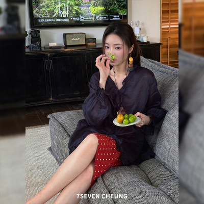 夏季亚麻V领木耳边长袖女衬衫