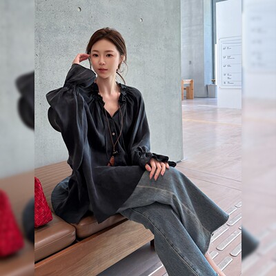 7SEVEN 100铜氨丝 黑藏青木耳边V领系带衬衫女 韩版复古衬衣8019