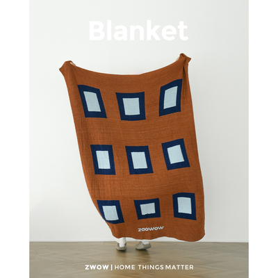 造卧zwow复古中古风格子蓝橘调双面加厚半边绒盖毯休闲毯午睡毯子